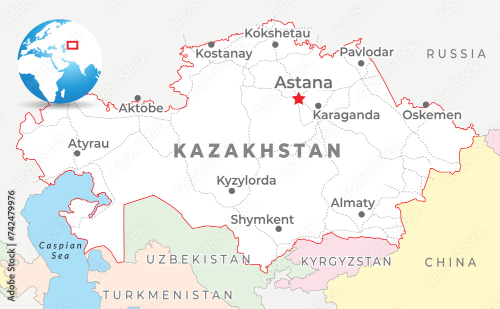 Kazakhstan map with capital Astana, most important cities and national ...