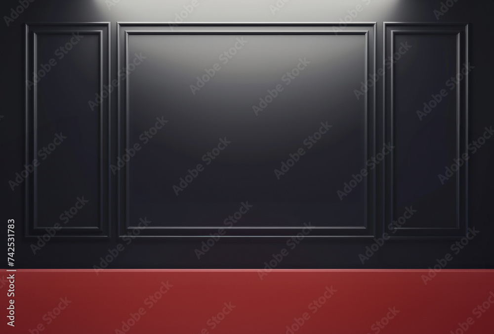 Blank mockup of black wall backdrop next to red carpet. Brand ...