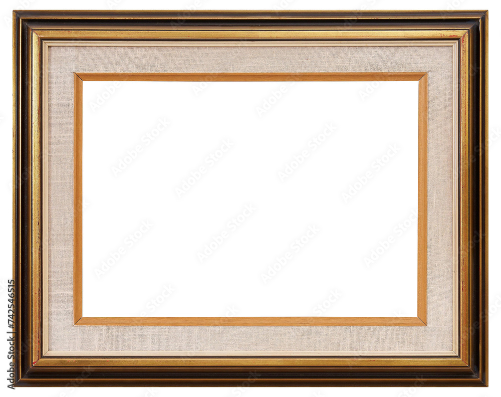 Gold picture frame with black insert on a transparent background, in ...
