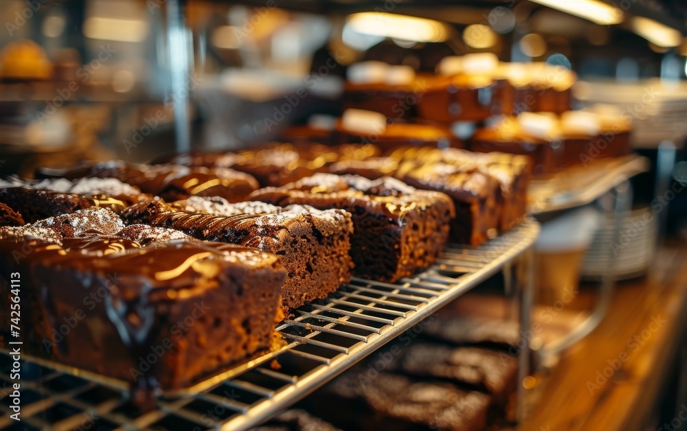 Deliciously gooey chocolate brownies cakes lined up on a bakery shelf ...