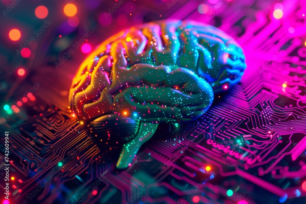 AI Brain Chip hebbian. Artificial Intelligence process mind telemedicine platform circuit board ...