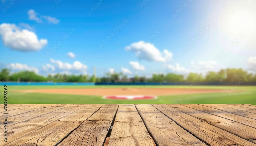 Empty wooden table with blurred baseball field background. Table top ...