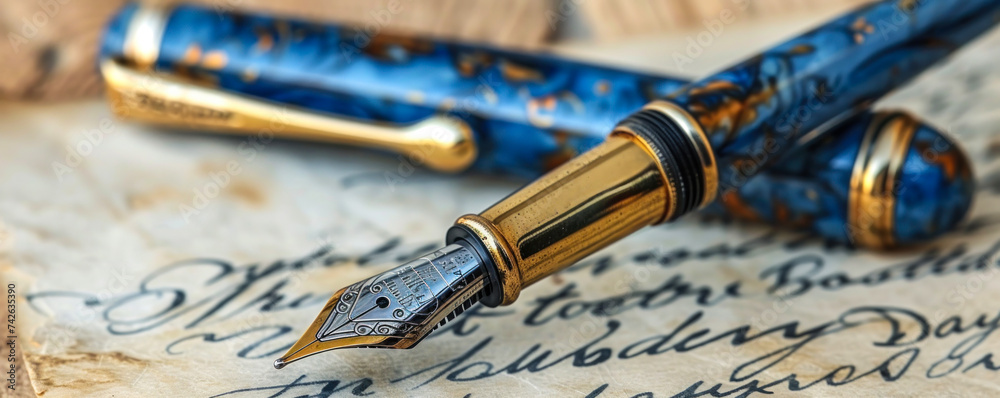 Vintage fountain pen on aged paper inscribed with elegant cursive ...