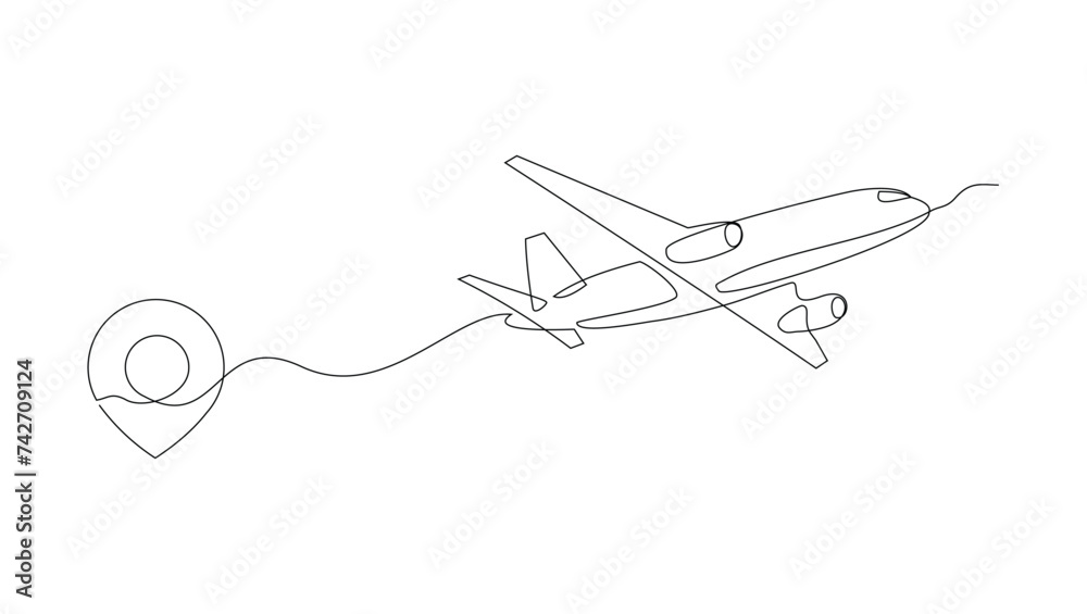 Continuous single line sketch drawing of airplane flying from maps pin ...