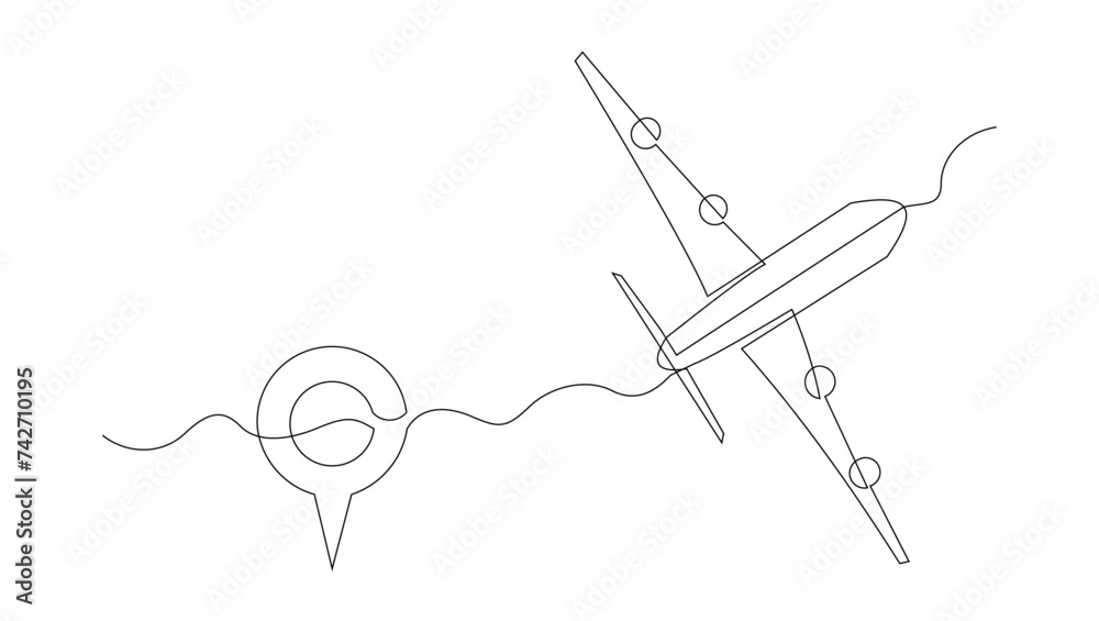 Continuous single line sketch drawing of airplane flying from maps pin ...