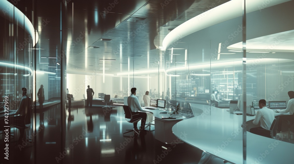 Modern neon cyberpunk open space office interior blurred with ...