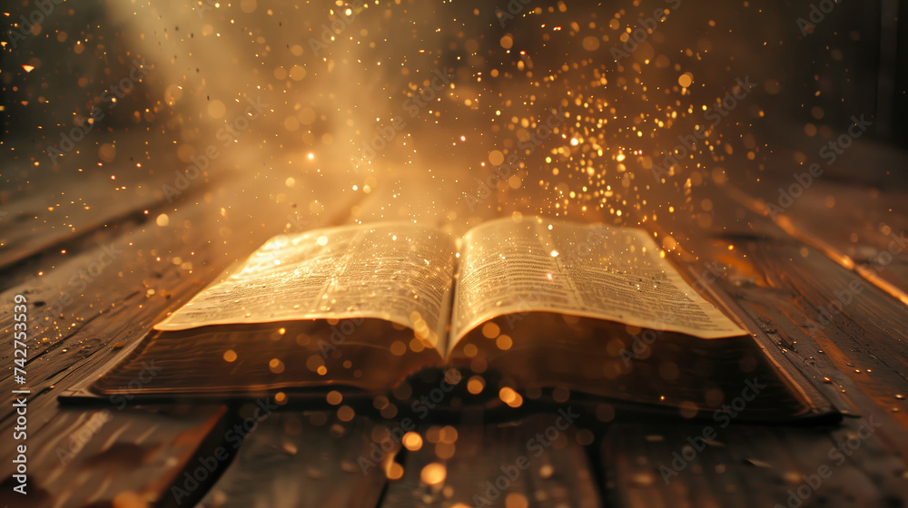 The Bible the Holy Book the Word of God with bokeh particles effects ...