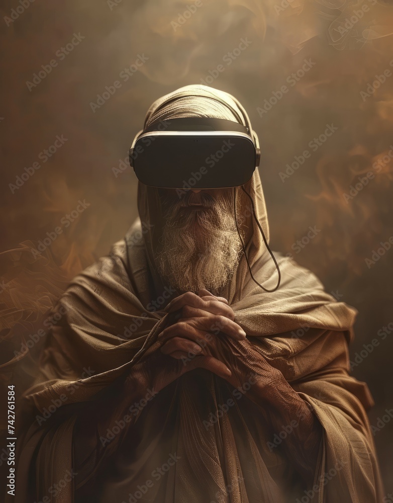 Old Arabic man islamic leader using VR headset. Fictional character ...