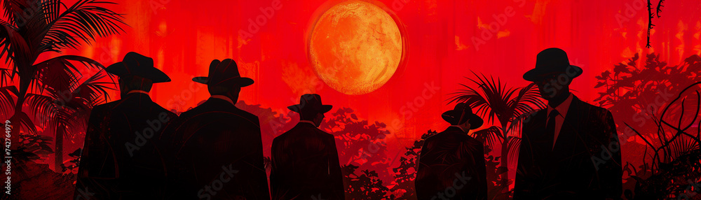 Mafia silhouettes under a lunar eclipse a backdrop of coral reefs and ...