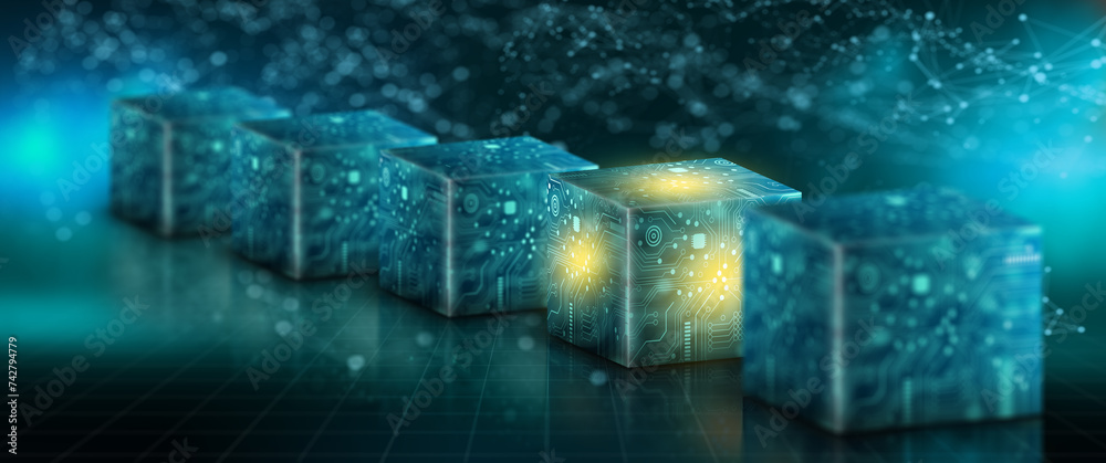 Cube technology on Converging point of circuit with Abstract blue background. Blockchain Network ...