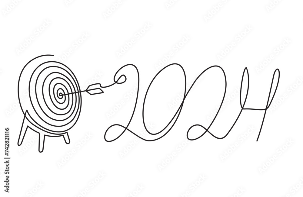 Continuous one line drawing of 2024 New Year target and goals with ...