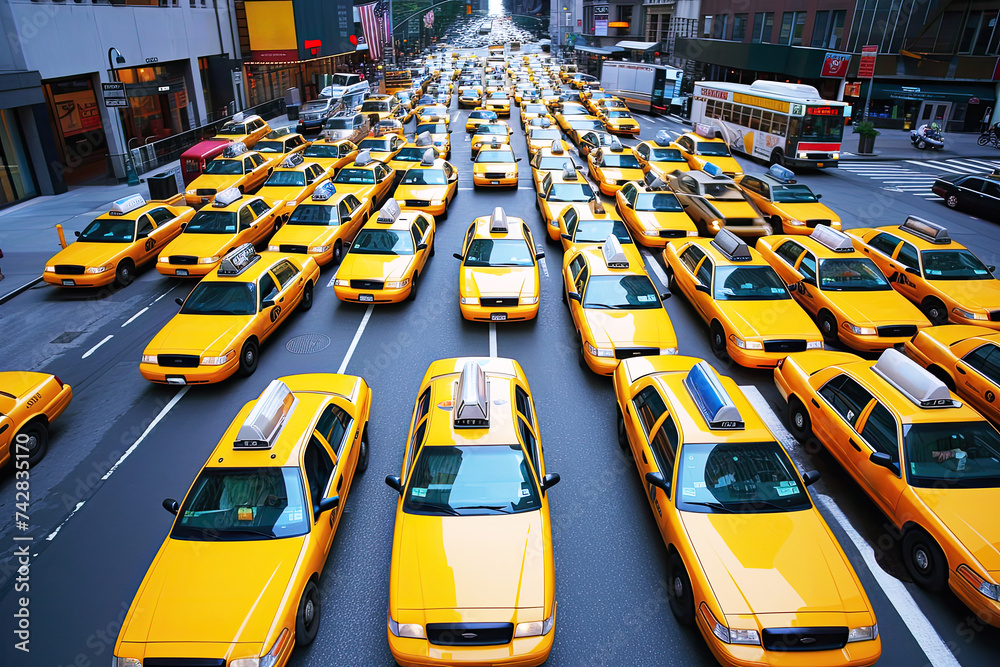 Vibrant yellow taxi fleet crowding urban street in citywide strike ...