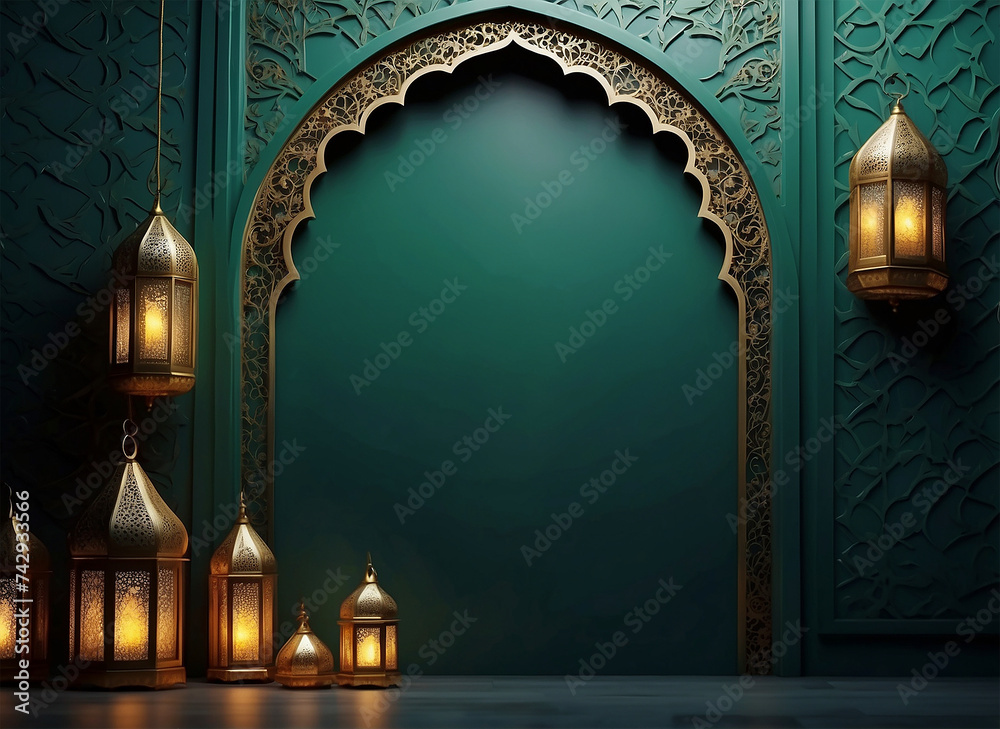 Ramadan Kareem luxurious dark green mihrab background design with ...