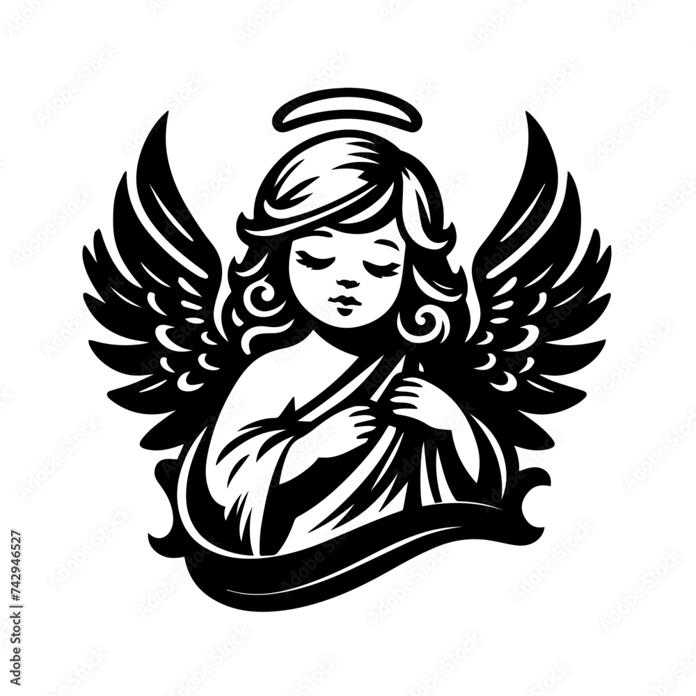Simple black and white vector illustration of an angel with wings and ...