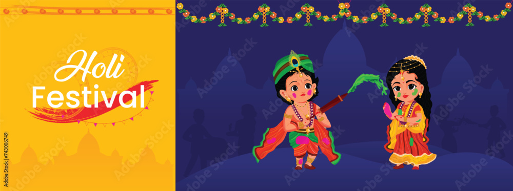 Happy Holi design template with Shri Radha Rani and Krishna ji playing ...