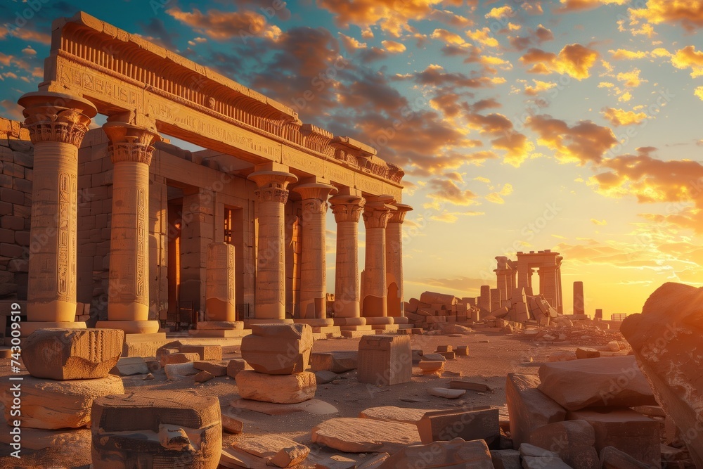 Warm sunset hues casting soft shadows over the remains of an ancient ...