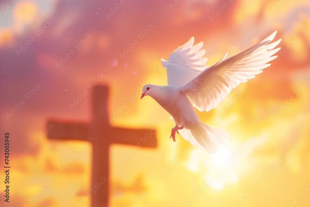 Holy Spirit. Winged Dove flying in front of the cross at sunset ...