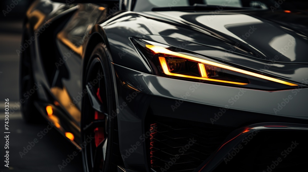 Close up photo of a corner front-end of a futuristic sports car, the ...