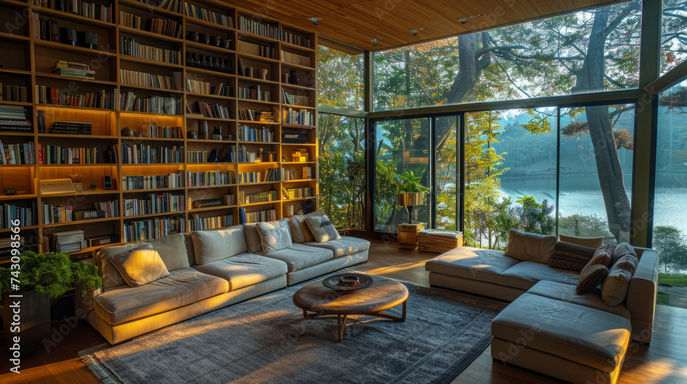 bookshelf background of interior home office library study with window ...