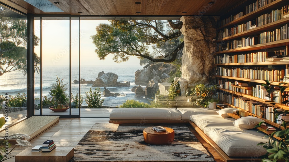 ocean bookshelf background retirement home office study library with ...