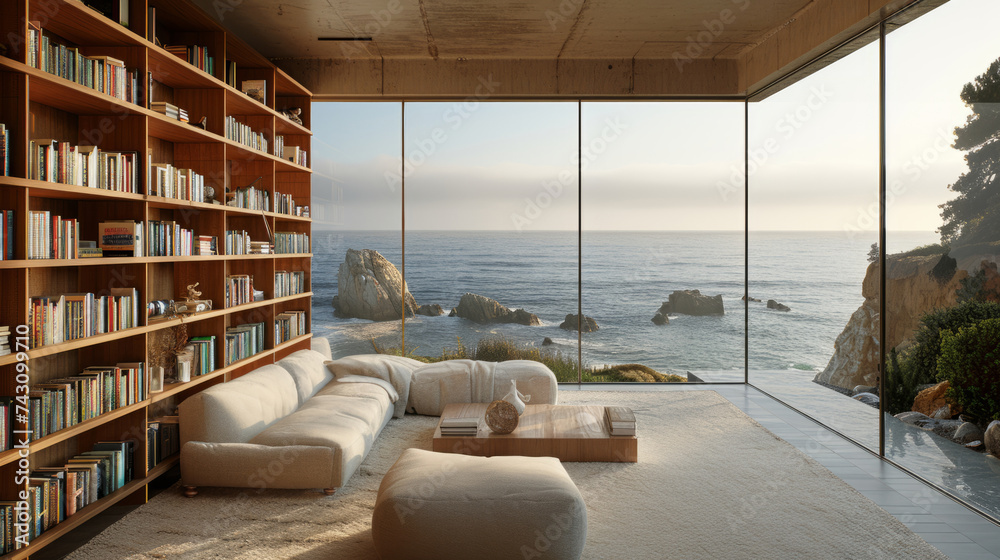 ocean bookshelf background of interior retirement home office library ...