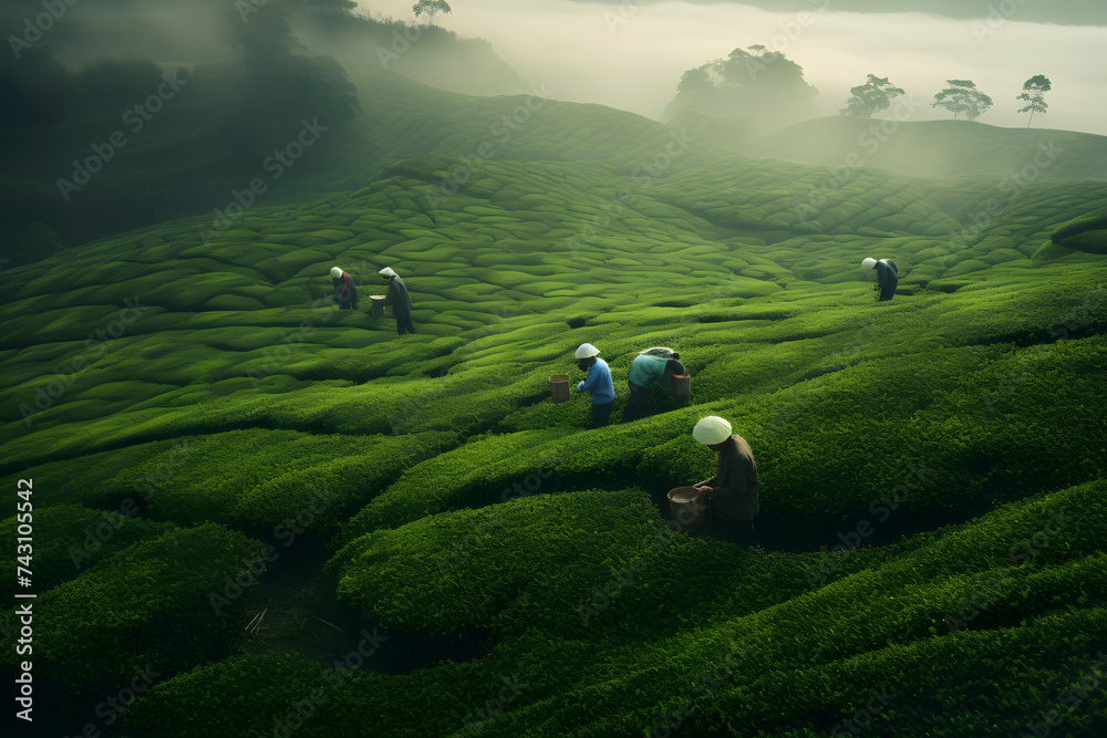 People working on Tea Farm, harvesting fresh tea, process of farming ...
