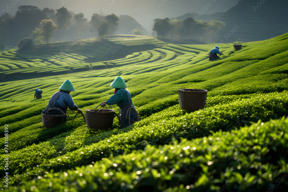 People working on Tea Farm, harvesting fresh tea, process of farming ...