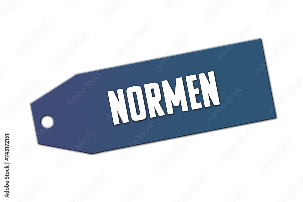 Normen. Ein blaues Schild bzw Anhaenger mit weisser Schrift, isoliert ...