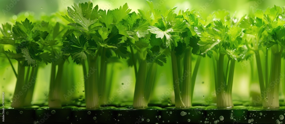A row of vibrant green celery stalks grows abundantly in an innovative ...