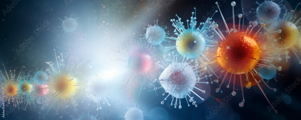 3D-rendered viruses in a spectrum of colors float in darkness ...