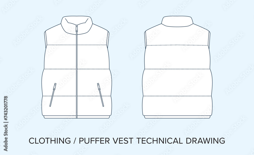 Blank Puffer Jacket Technical Drawing, Apparel Blueprint for Fashion ...