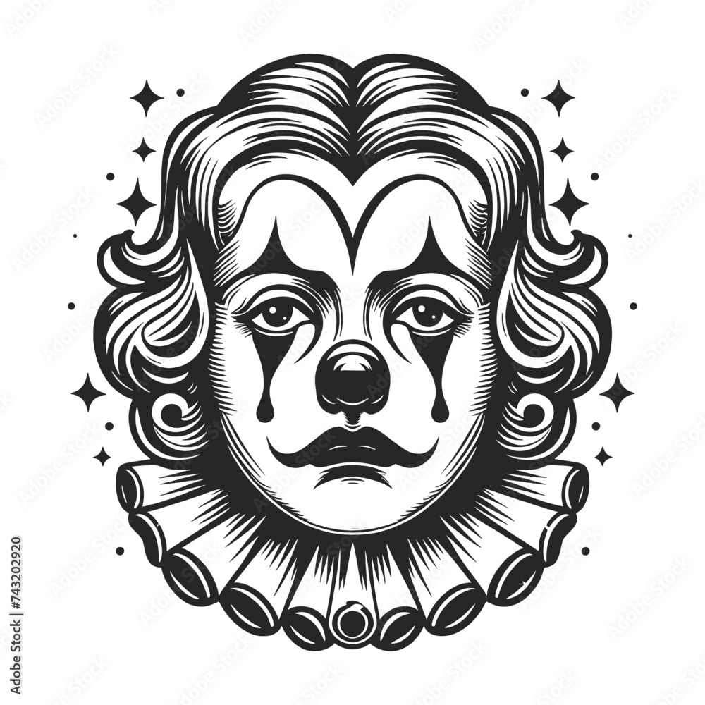 Face of sad crying circus clown in makeup sketch engraving generative ...