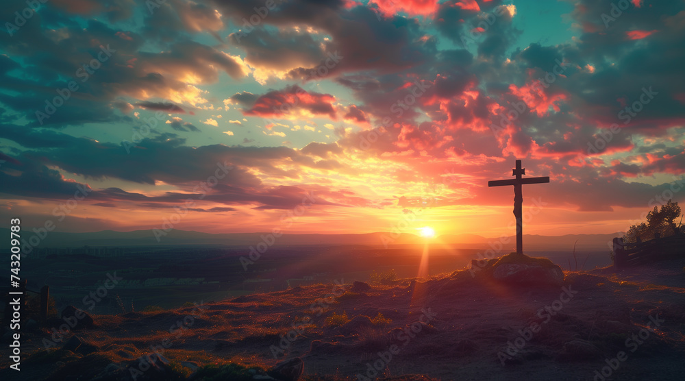 Crucifixion of Jesus Christ on the cross at Calvary against a sunset ...