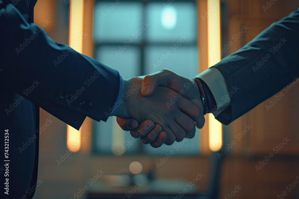 Two business men shaking hands in the office after successfully signing ...