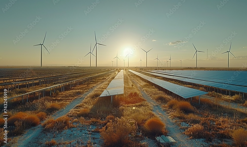 Photovoltaic solar panels and towering wind turbines in an expansive ...