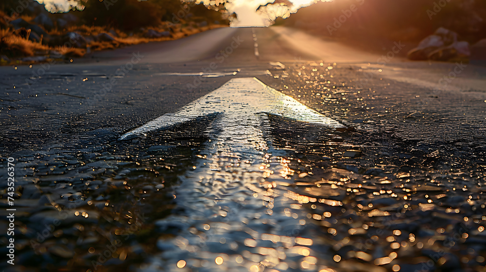 An asphalt road stretches into the distance with a painted white arrow ...