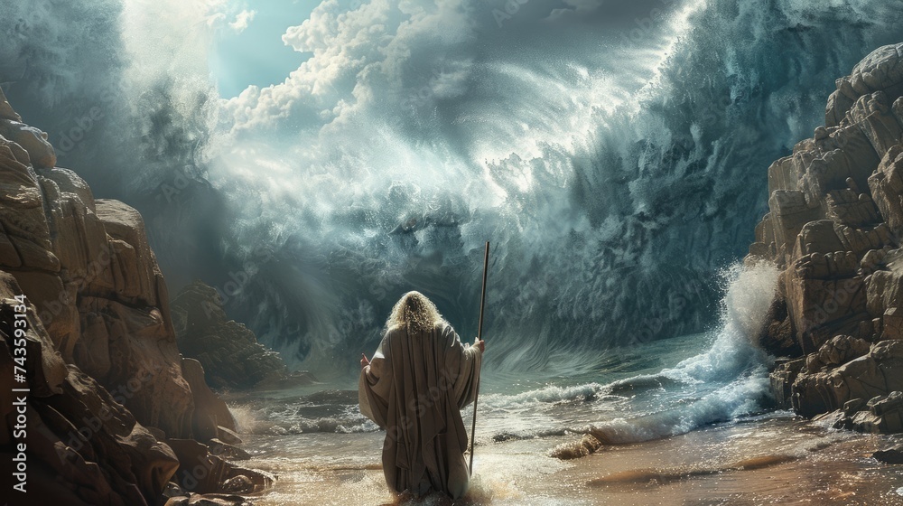 Biblical miracle: back view of moses dividing the sea with his stick ...