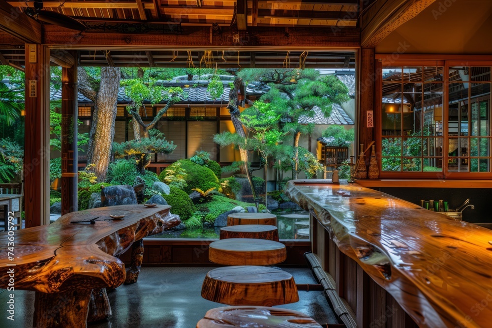 A traditional Japanese sushi bar interior, with warm lighting and a ...