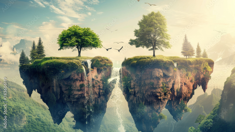 A split floating island with a lush waterfall connecting the two halves ...