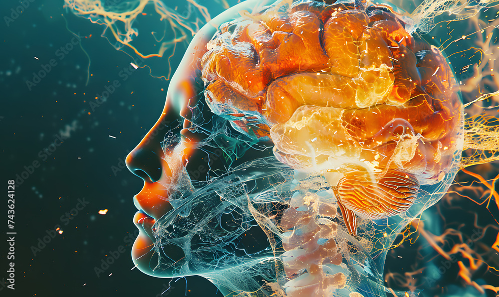 Cross section of the human brain, showcasing different regions and ...
