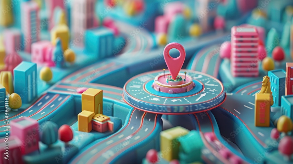 Colorful 3D map with a location pin on a vibrant circular junction ...