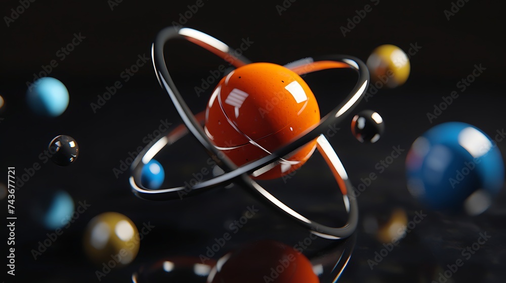 Atomic subatomic realm, electrons, neutrons, and protons orbit a fixed ...