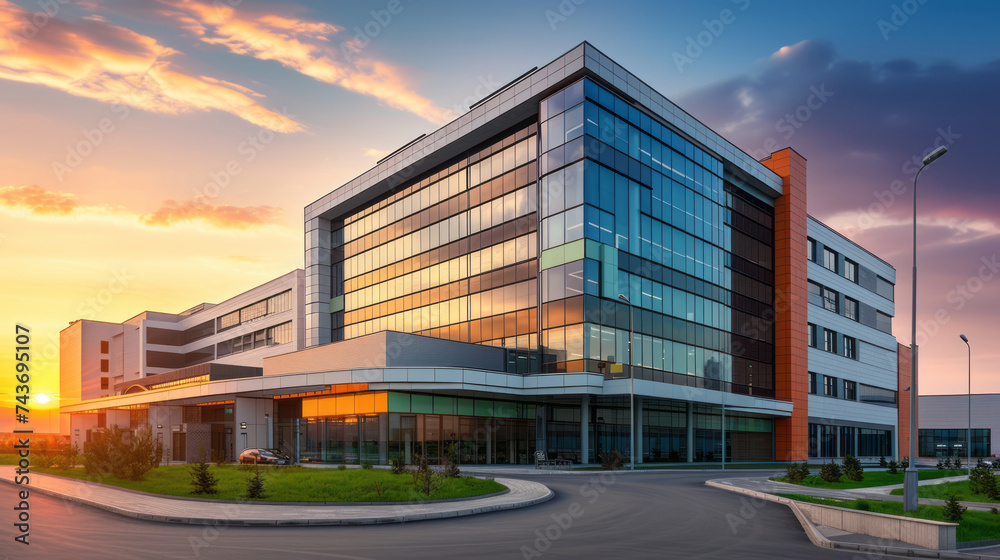 Modern hospital building at sunset Stock Photo | Adobe Stock