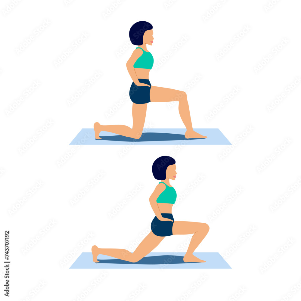 Woman demonstrates hip flexor stretching exercise in lunge position ...