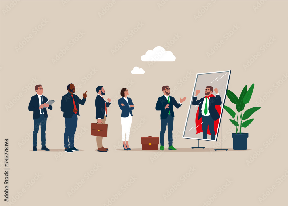 Business people dreams of becoming a superhero looking at his strong ...