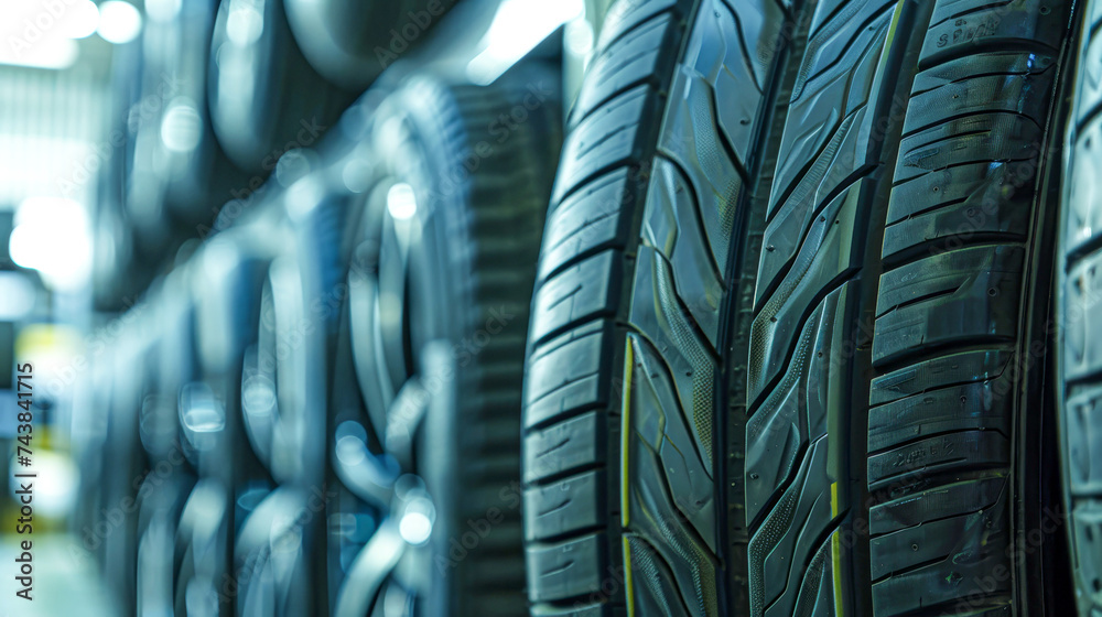Rows of new car tires on display at an automotive store, showcasing variety and tread patterns ...
