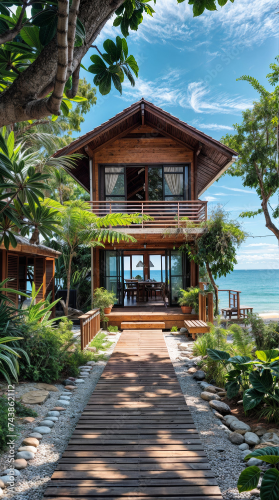 petite maison en bois au bord de l'eau dans un paysage tropical ...