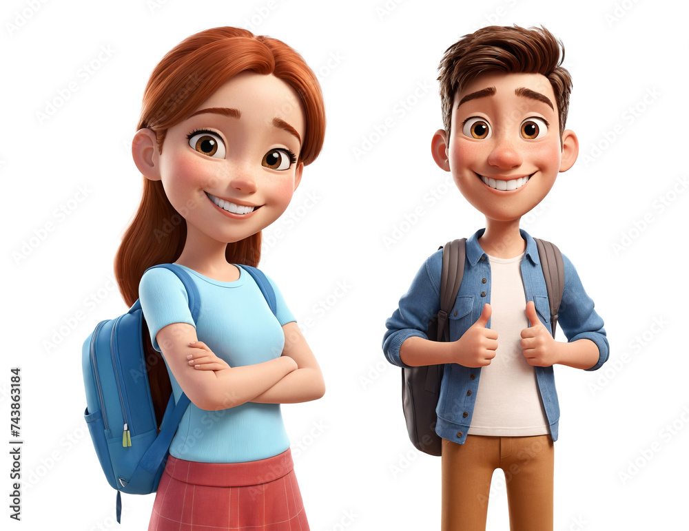 3d style cartoon students characters standing and smiling on camera ...