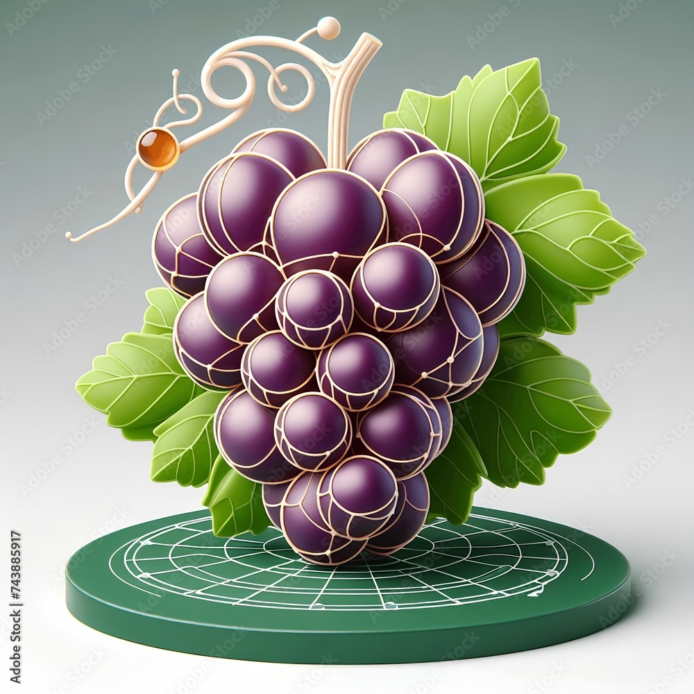 3D model of a stylized, cartoon-like grape cluster with plump, purple ...