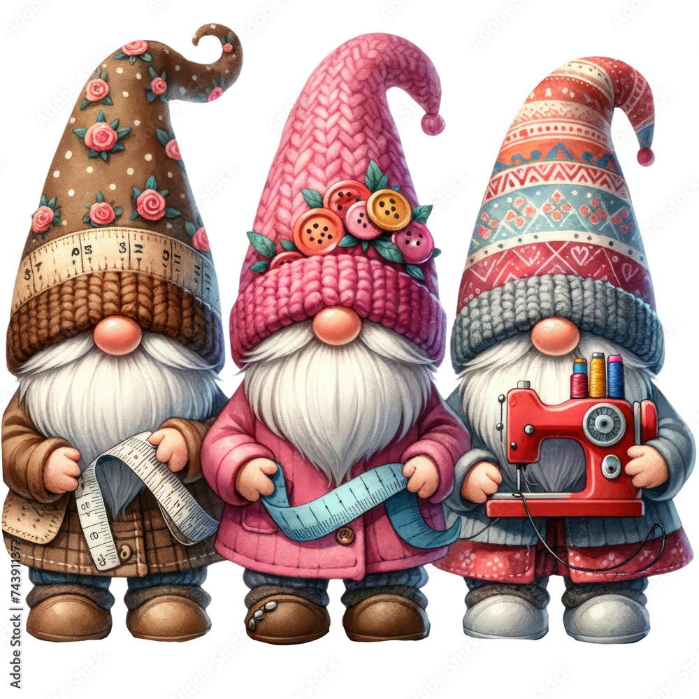 Three cute gnomes stand in a row holding a sewing machine. and sewing ...